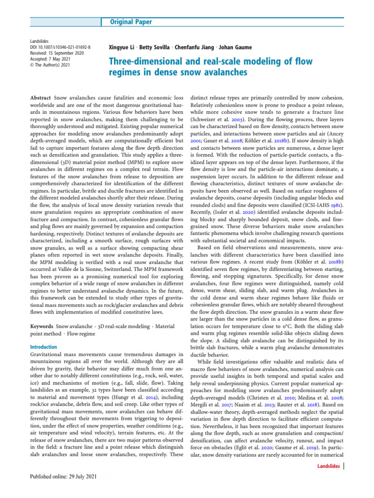 3D Real Scale Modeling of Flow Regimes in Dense Snow Avalanches | PDF ...