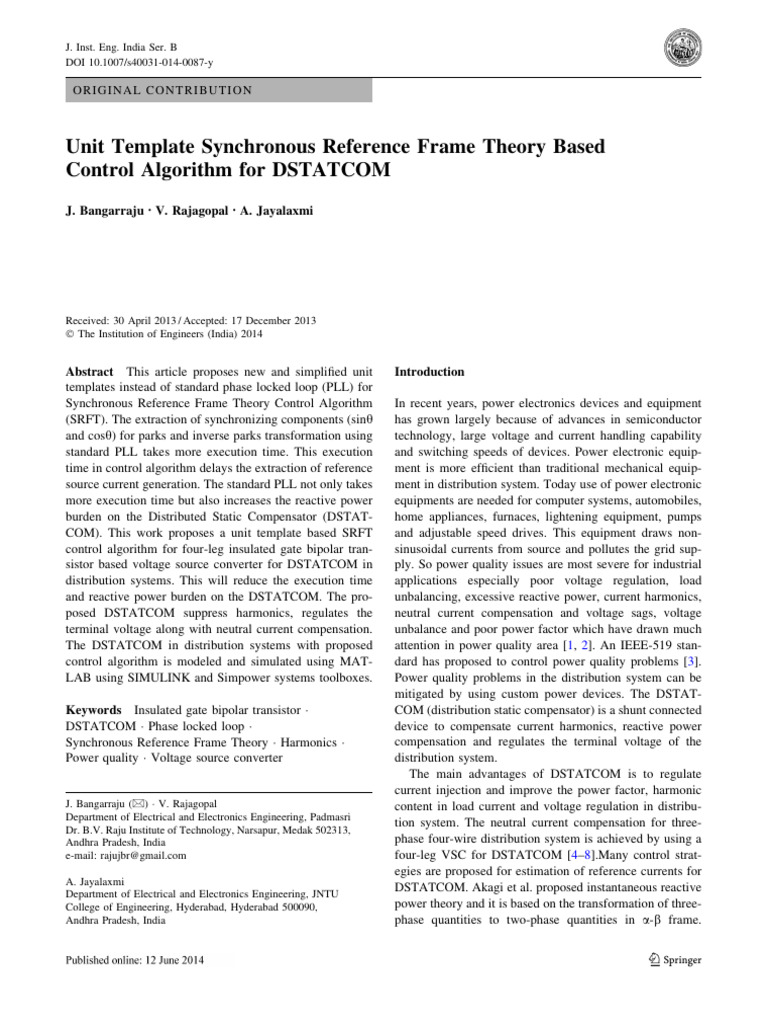 Unit Template Synchronous Reference Frame Theory Based Control Algorithm For DSTATCOM | PDF ...