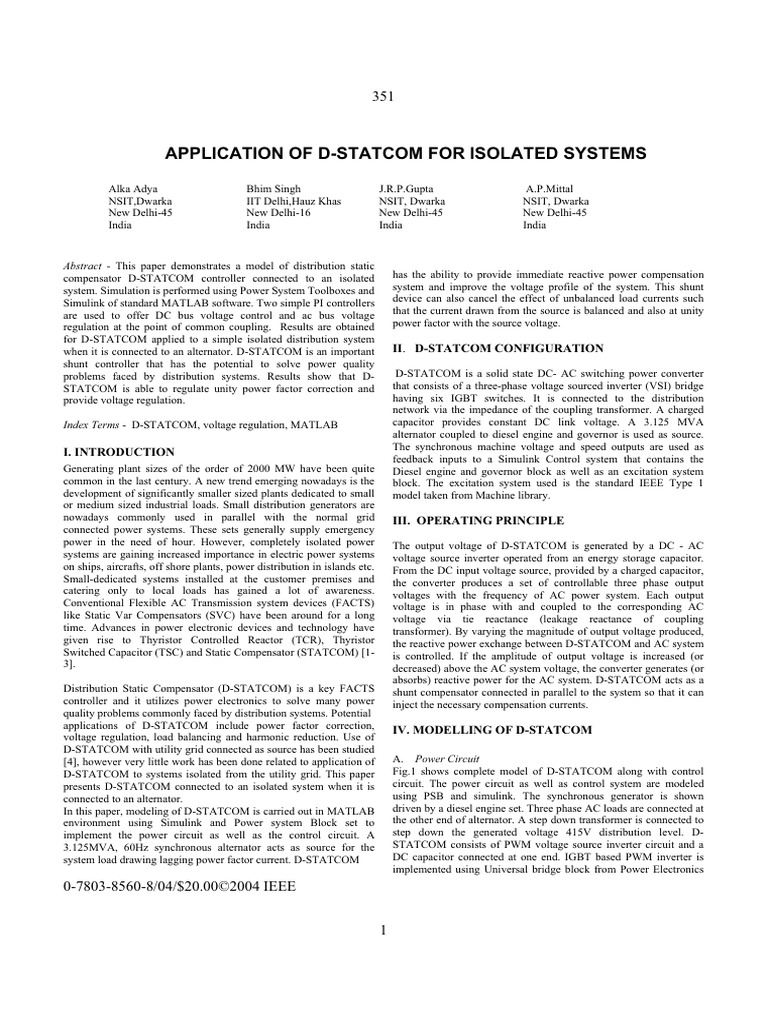 Application Of Dstatcom For Isolated Systems Pdf Power Electronics Electric Power System