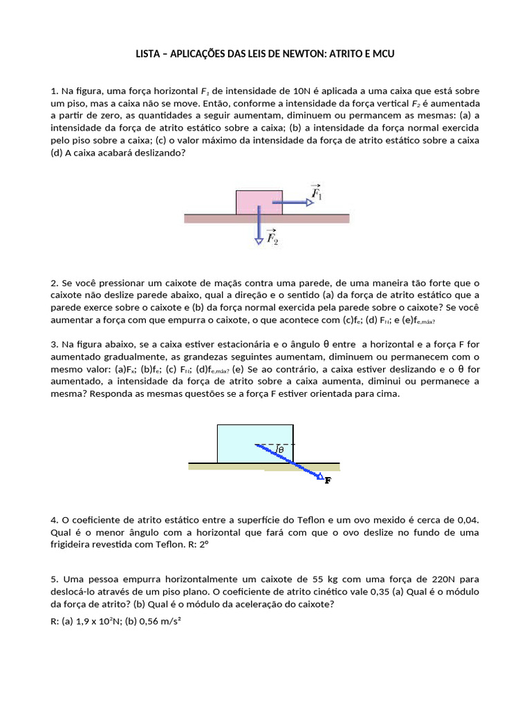 'Lista4 - Aplicacoes Das Leis de Newton - Atrito e Mcu | PDF | Atrito ...
