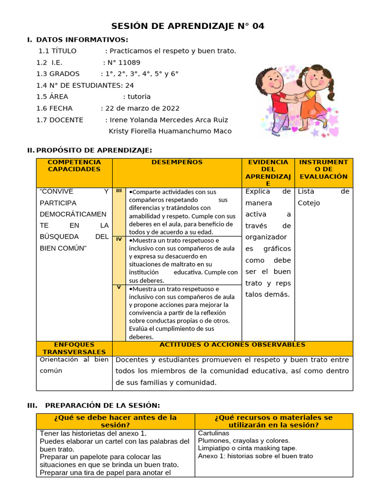 Sesión 4 Practicamos El Respeto y Buen Trato | PDF | Evaluación | Salón de clases