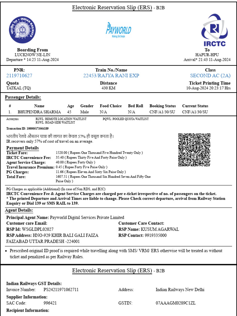 Railway Ticket Lko Hpu | PDF | Identity Document