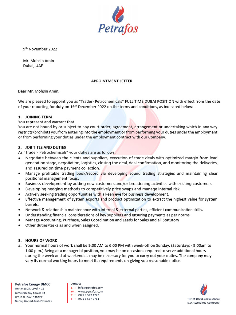 Appointment Letter Mohsin Amin Revised Pdf Employment Salary