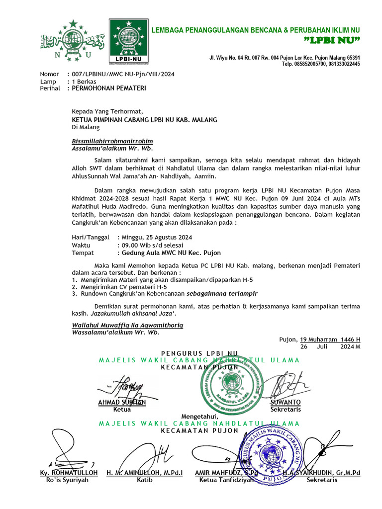 Permohonan Pemateri PC LPBI NU Kab. Malang (LPBI NU Kec. Pujon) | PDF