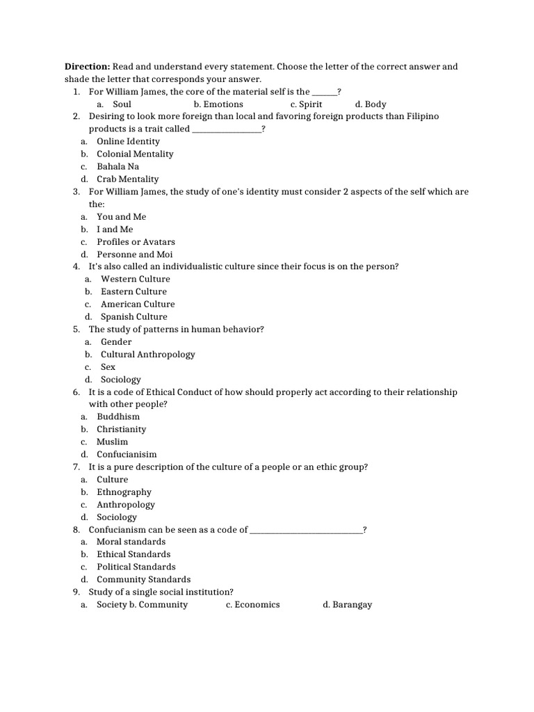 Assessment Test Understanding The Self | PDF | Philosophy Of Self ...