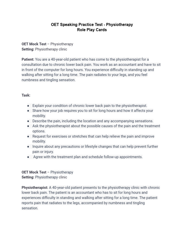 OET Speaking Practice: Physiotherapy Role Play | PDF | Self-Improvement ...
