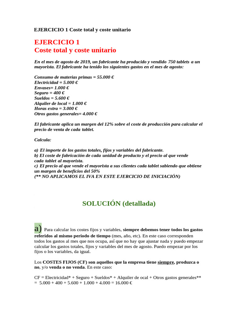 EJERCICIO 1 Coste total y coste unitario | PDF | Porcentaje | Business