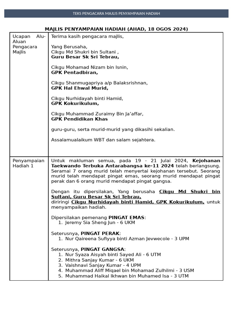 Teks Pengacara Majlis Penyampaian Hadiah | PDF Teks Pengacara Majlis Penyampaian Hadiah | PDF