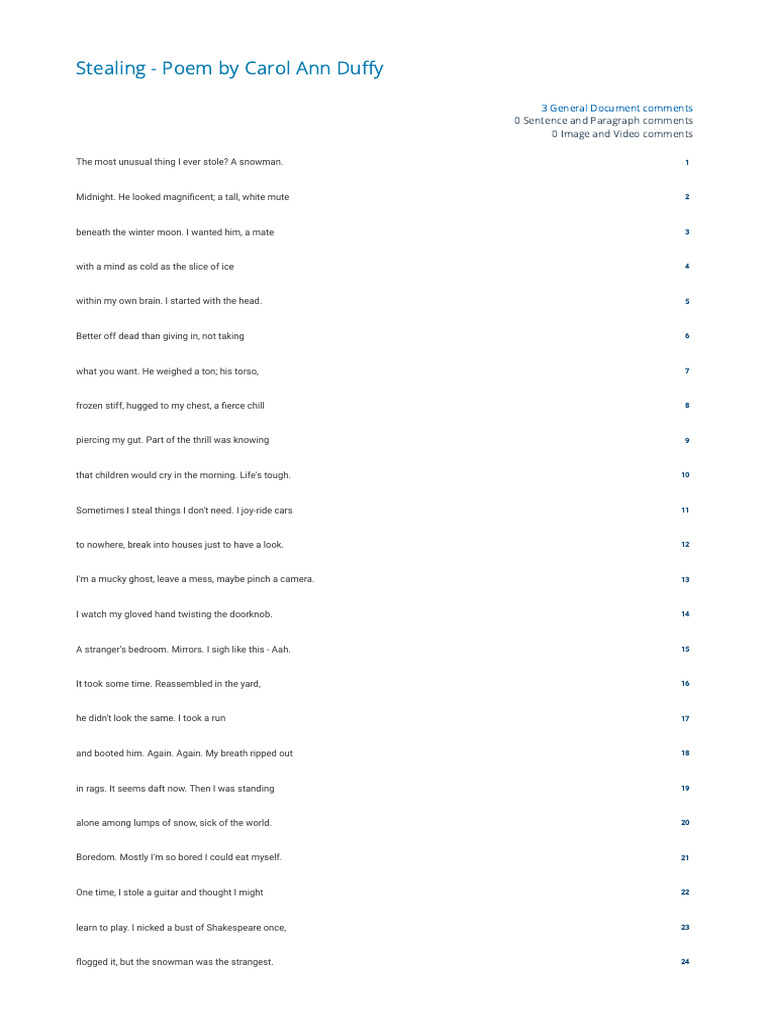 Stealing - Poem by Carol Ann Duffy - NowComment | PDF