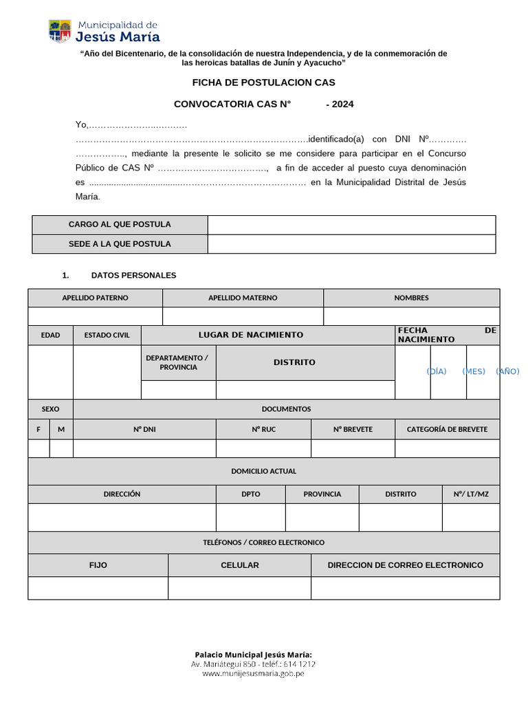 ficha-de-postulacion-cas-2024 | PDF | Documento de identidad