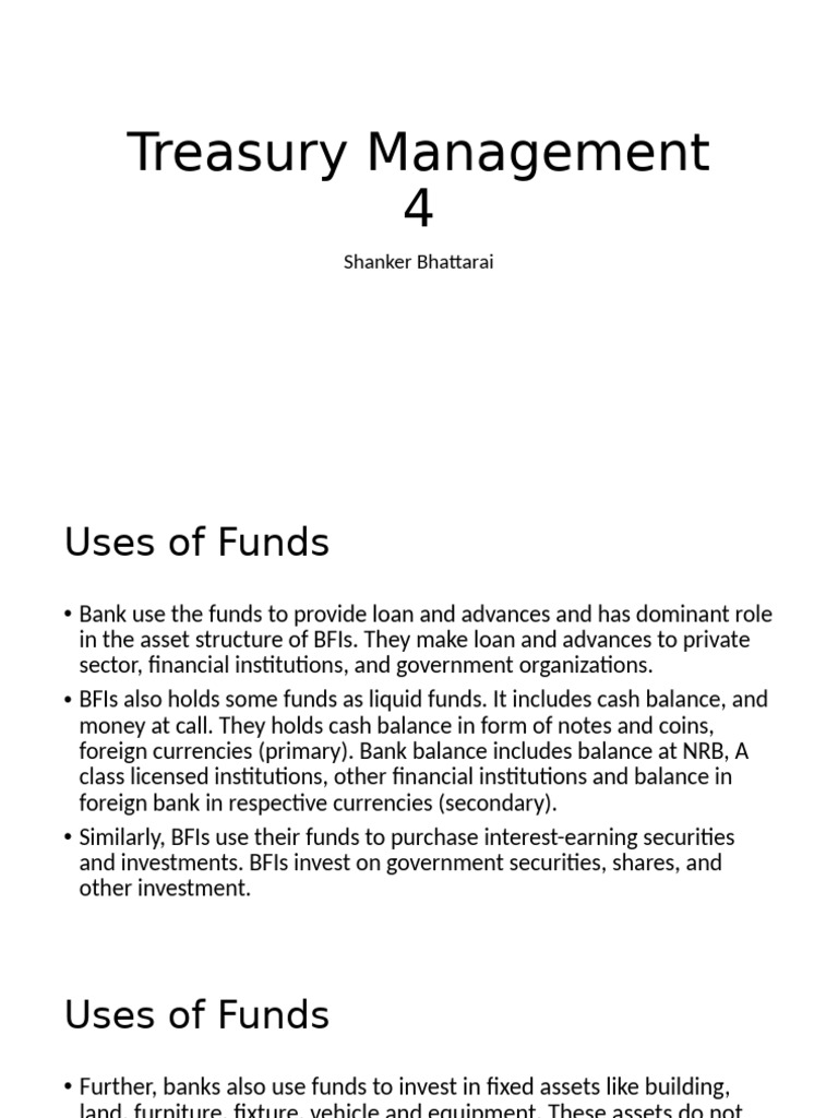 Treasury Management: Uses of Funds in Banking | PDF | Loans | Stocks
