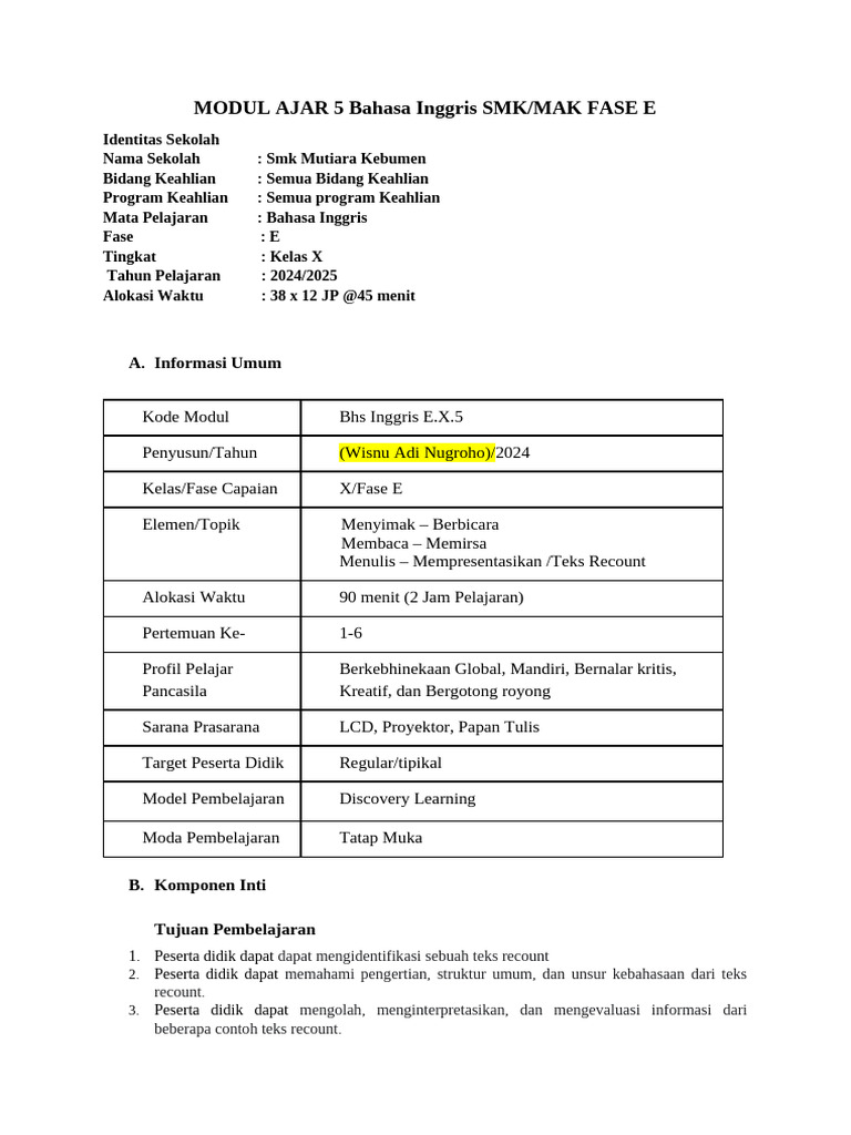 Modul Ajar - English - SMK-X - Unit 5 | PDF