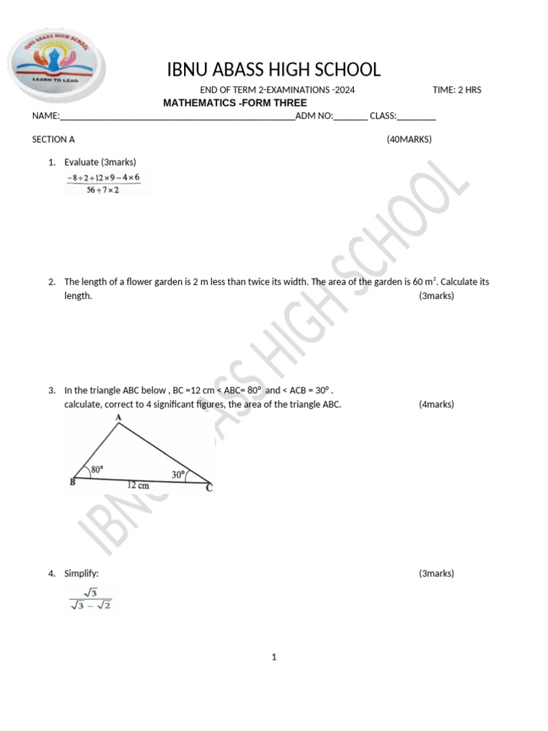 Maths F3 Term 2 End Term | PDF | Geometry | Mathematics