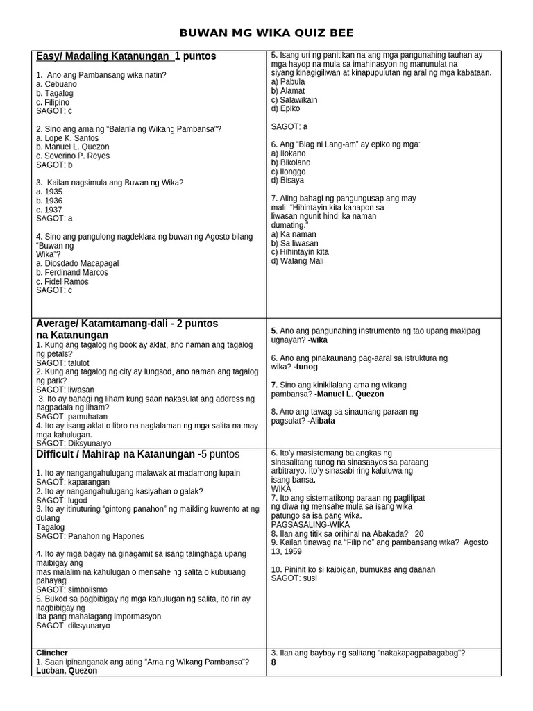 Buwan Ng Wika Quiz Bee Reviewer Pdf To Ppt
