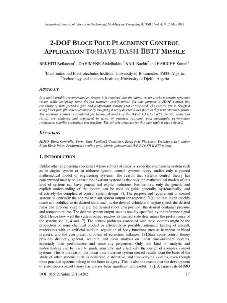 2-DOF Block Pole Placement Control Application To: Have-DASH-IIBITT Missile | PDF | Control ...