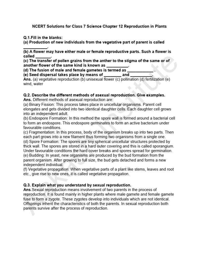 NCERT Solutions For Class 7 Science Chapter 12 Reproduction in Plants ...