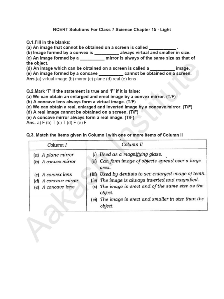 NCERT Solutions For Class 7 Science Chapter 15 Light | PDF | Mirror | Glass Engineering And Science