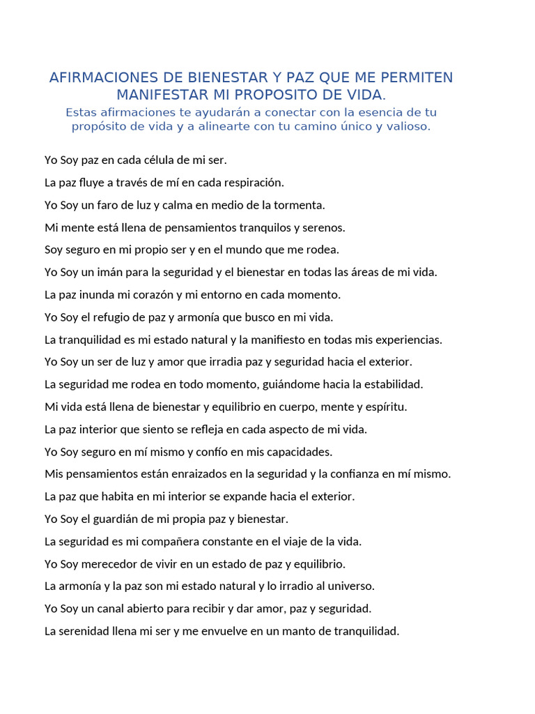 Afirmaciones para Paz y Propósito de Vida | PDF | Paz | Amor