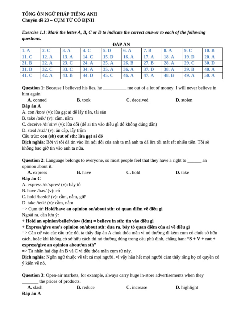 Đáp Án Tổng Ôn Ngữ Pháp Tiếng Anh CD23 Exercise | PDF