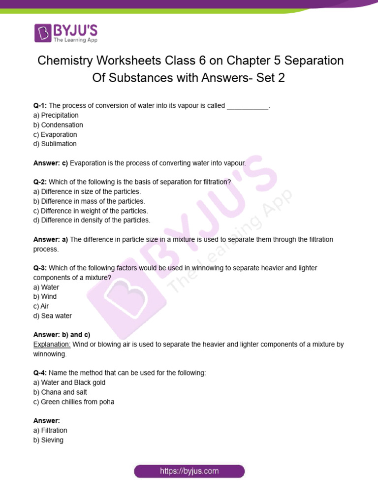 Chemistry Worksheets Class 6 On Chapter 5 Separation of Substances With ...