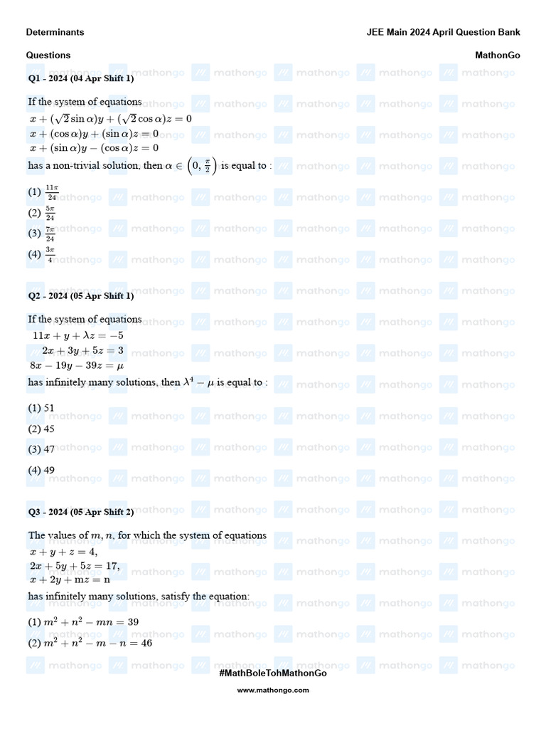 JEE Main 2024 April Determinants Questions | PDF | Mathematical Analysis | Mathematical Objects