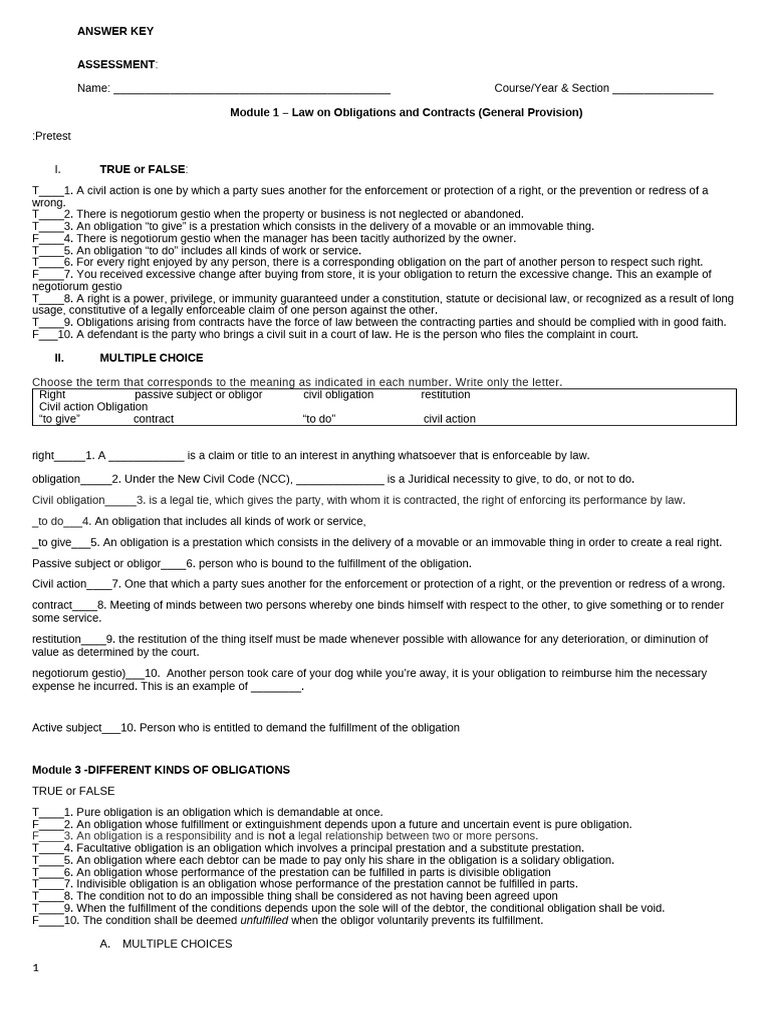 Answer Key For Assessment | PDF | Lawsuit | Justice
