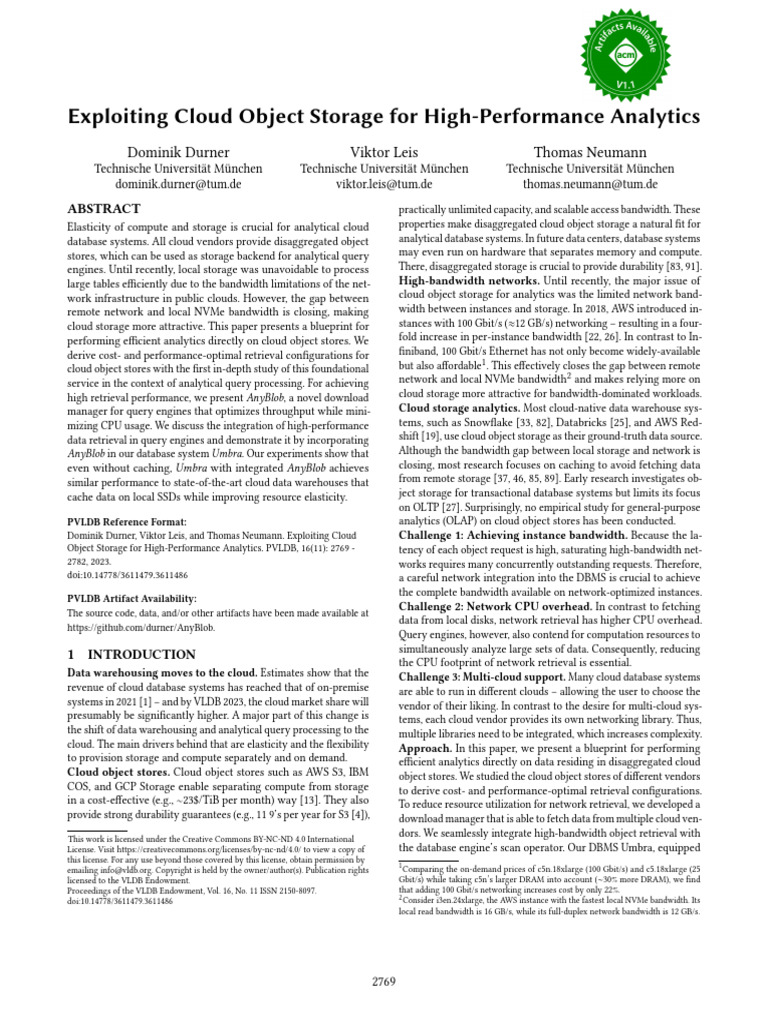 Exploiting Cloud Object Storage For High Performance Analytics Pdf Cloud Computing Databases 
