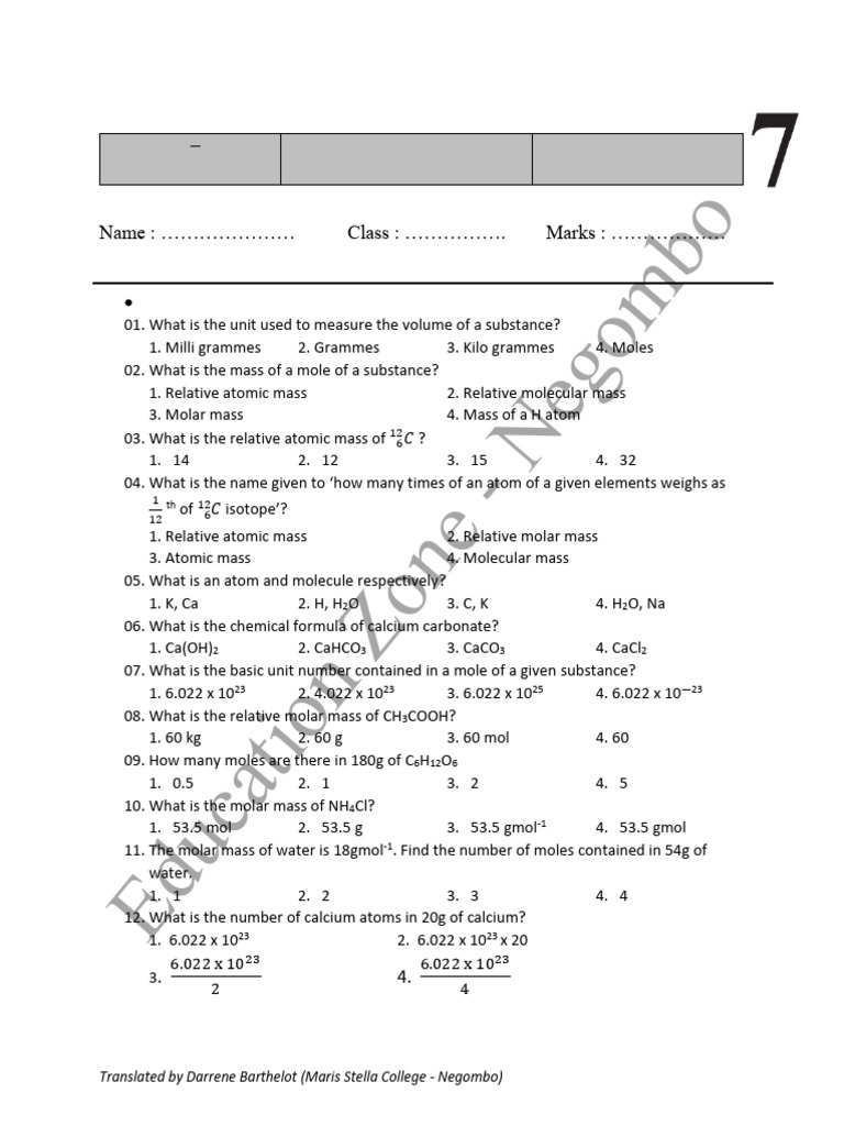Grade 10 Science Unit Test: Mole Concept | PDF | Mole (Unit) | Molecules