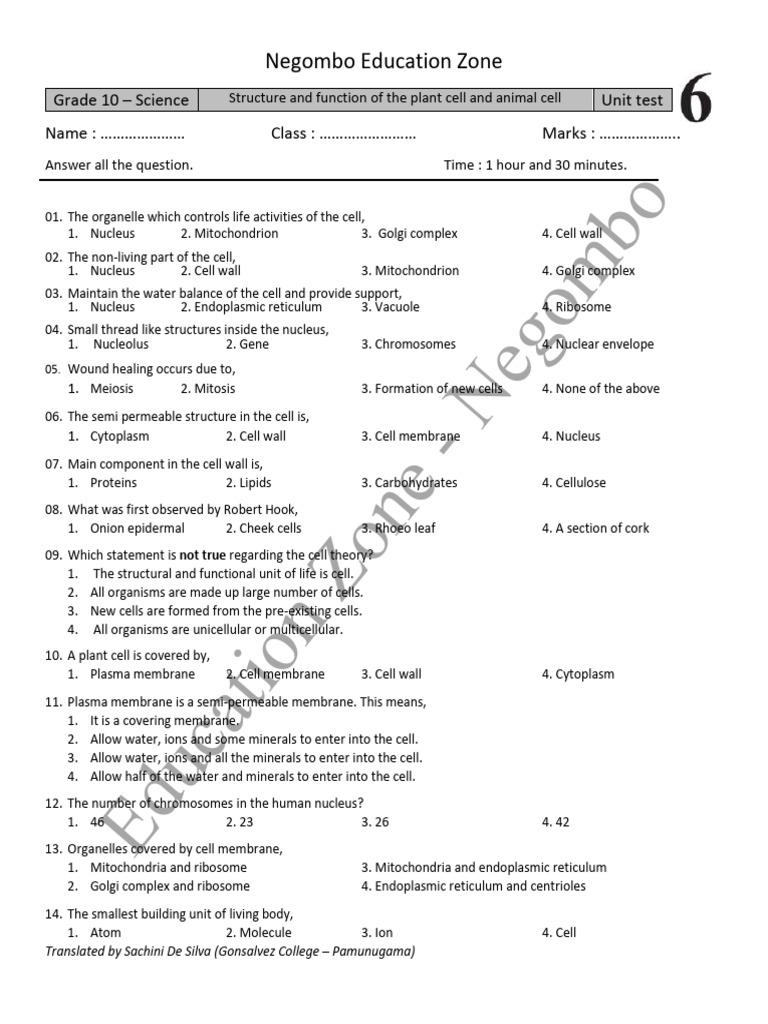 Grade 10 Science Unit Test Paper | PDF | Cell (Biology) | Endoplasmic ...