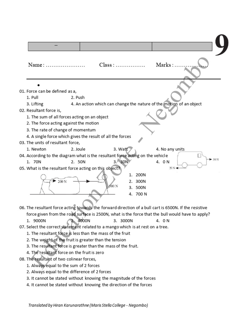 Grade 10 Science Unit Test: Resultant Force | PDF | Force | Acceleration