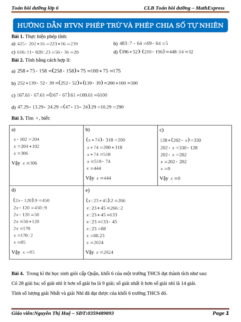 (Lớp 6A3 Hà Đông - Phiếu 3) Bài 3 - Phép trừ và phép chia đã sửa | PDF