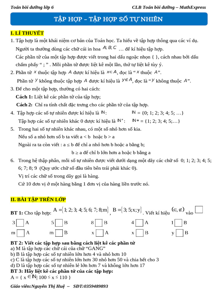(Lớp 6A3 Hà Đông Đã Sửa - Phiếu 3) Bài 1 Tập Hợp, Tập Hợp Số Tự Nhiên FINAL | PDF