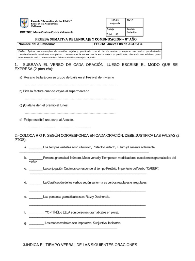 PRUEBA VERBOS - 8° Año | PDF | Verbo | Relaciones sintácticas
