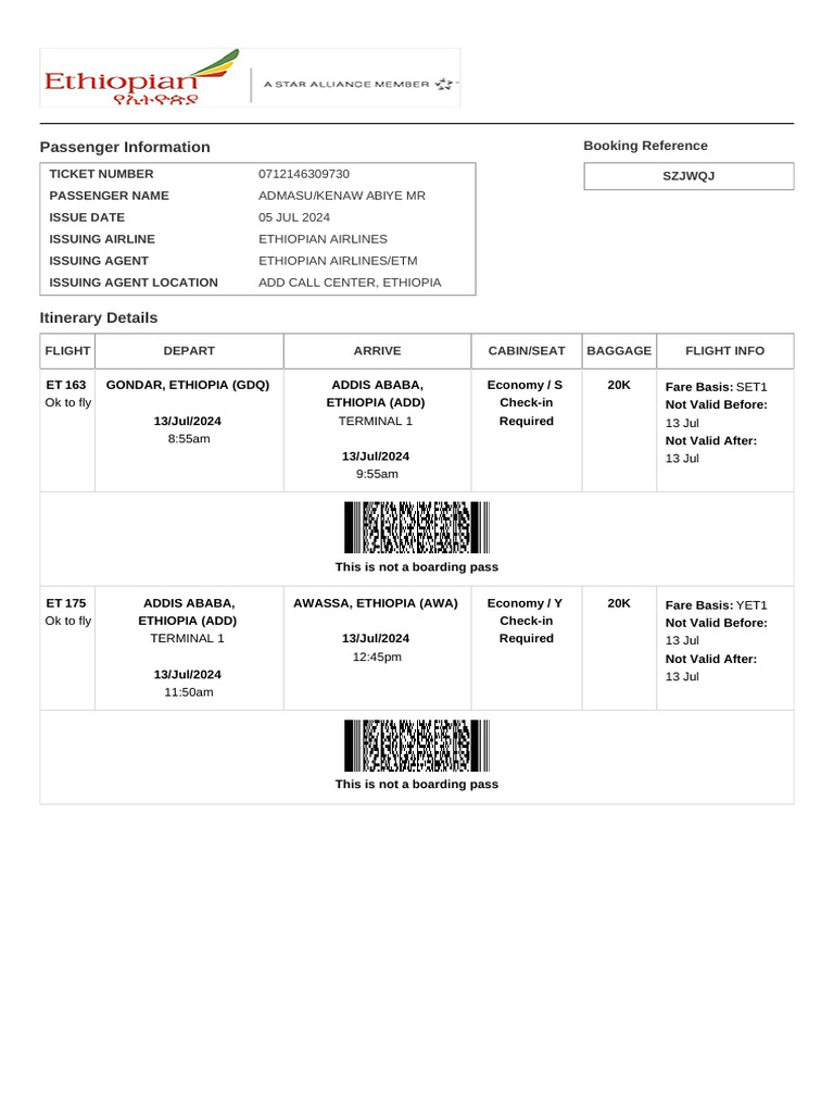 Electronic Ticket Receipt, July 13 For MR KENAW ABIYE ADMASU | PDF | Aviation