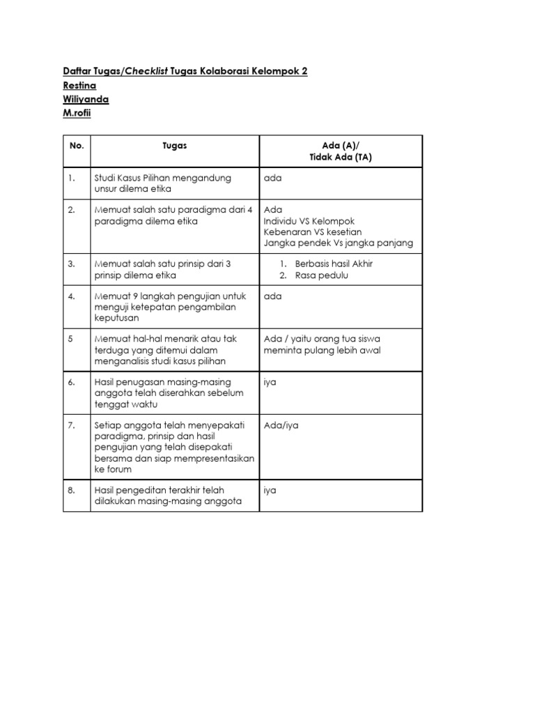 Daftar Tugas - Checklist Tugas Kolaborasi | PDF