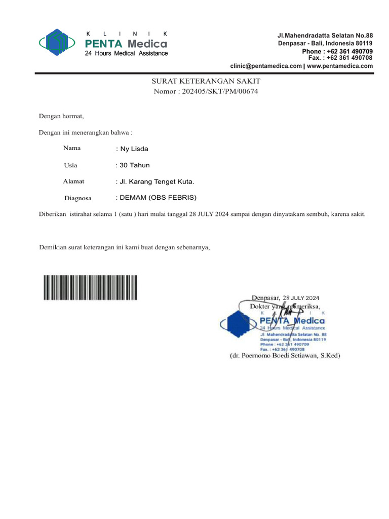 Surat Keterangan Sakit Penta Medica | PDF