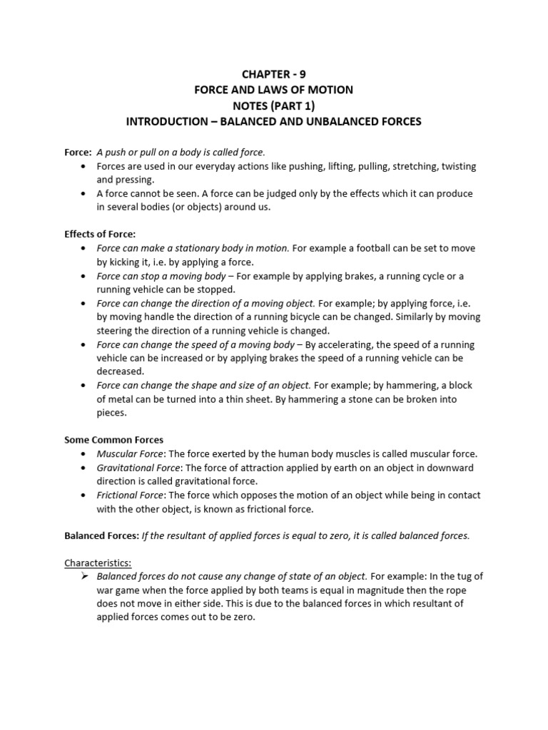 FORCE AND MOTION NOTES Class 9th | PDF | Force | Newton's Laws Of Motion