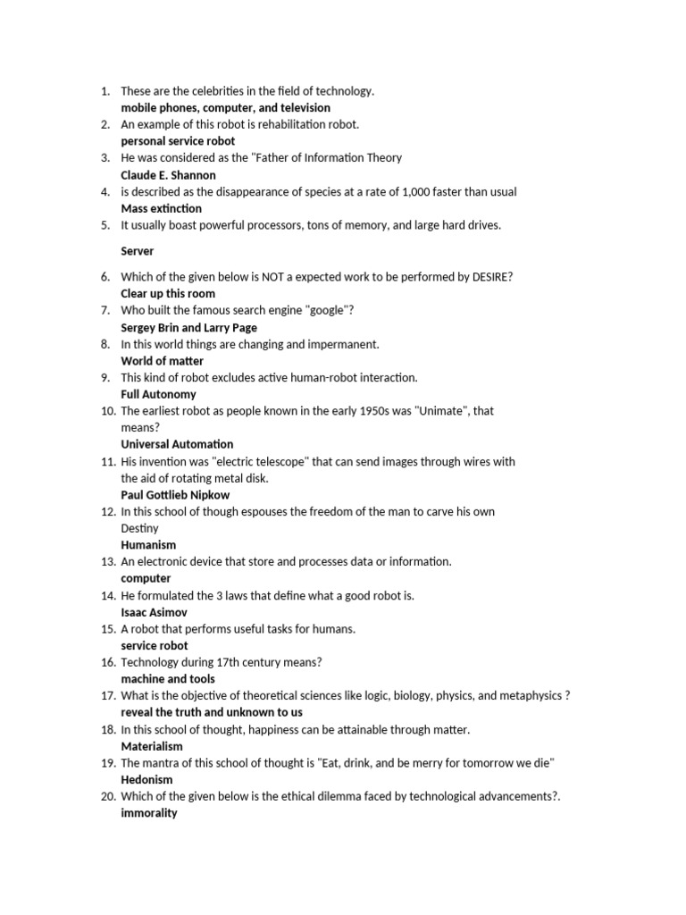 STS QUESTIONNAIRE With ANSWER | PDF | Robot | Robotics