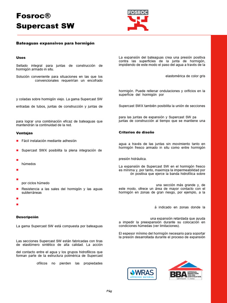 TDS Supercast SW 190628 | PDF | Hormigón | Agua