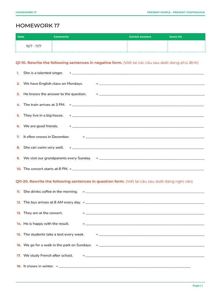 Homework 17 - Present Simple & Continuous | PDF