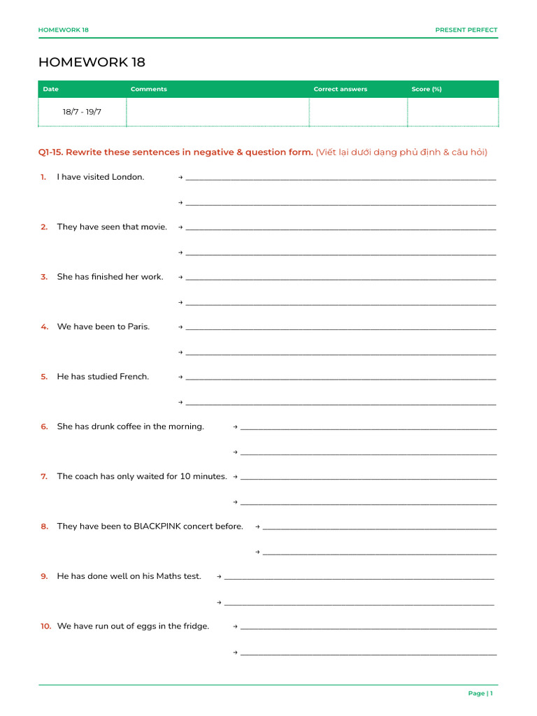 Homework 18 - Present Perfect | PDF | Linguistics