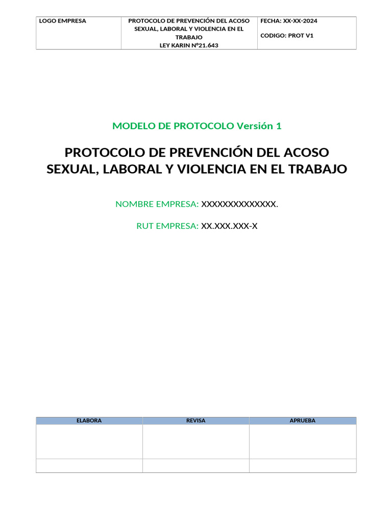 Modelo Protocolo de Prevencion Del Acoso Sexual, Laboral y La Violencia en El Trabajo Ley Karin ...