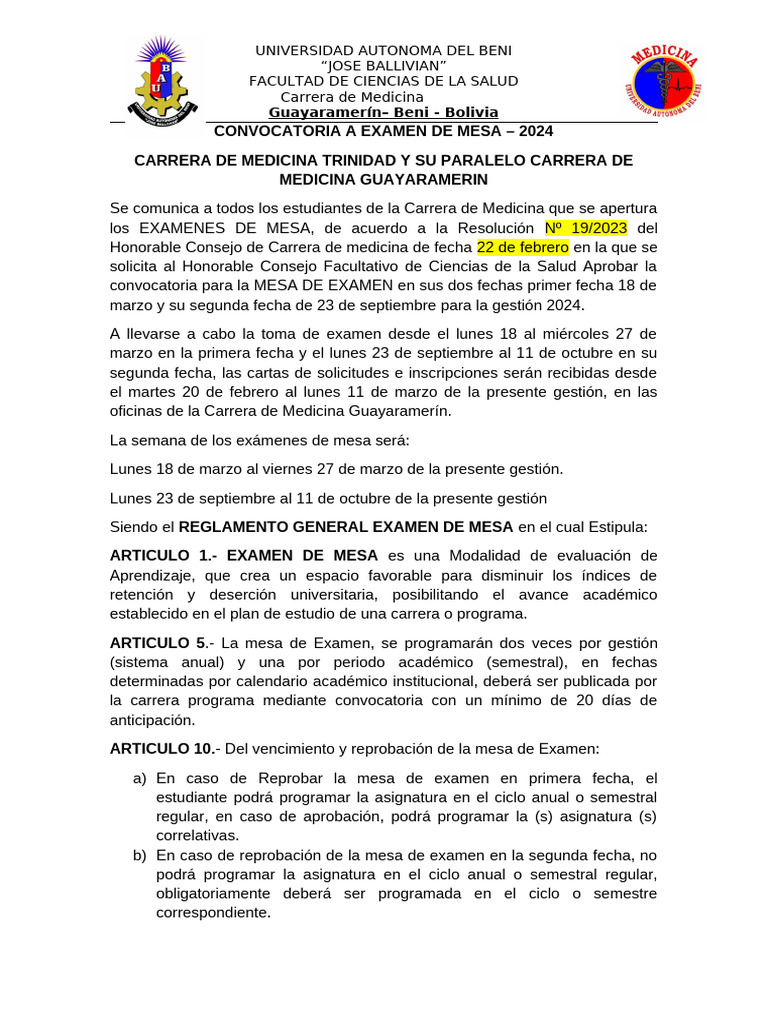 Convocatoria Exámenes de Mesa Medicina 2024 | PDF | Medicina | Especialidades Medicas