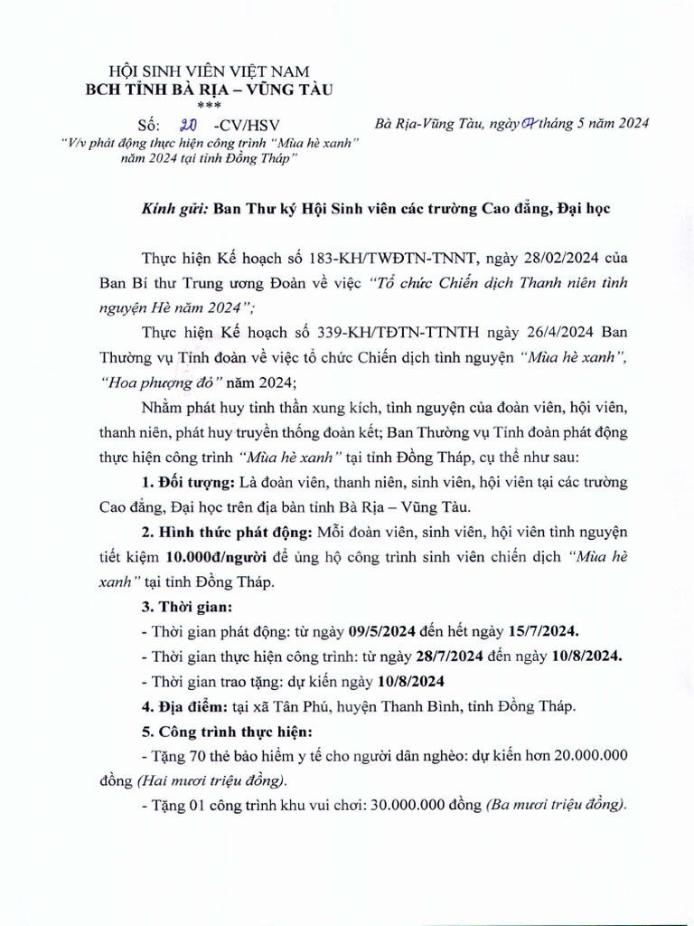 CV 20 HSV Phat Dong CTR Mua He Xanh 2024 Tai Tinh Dong Thap | PDF