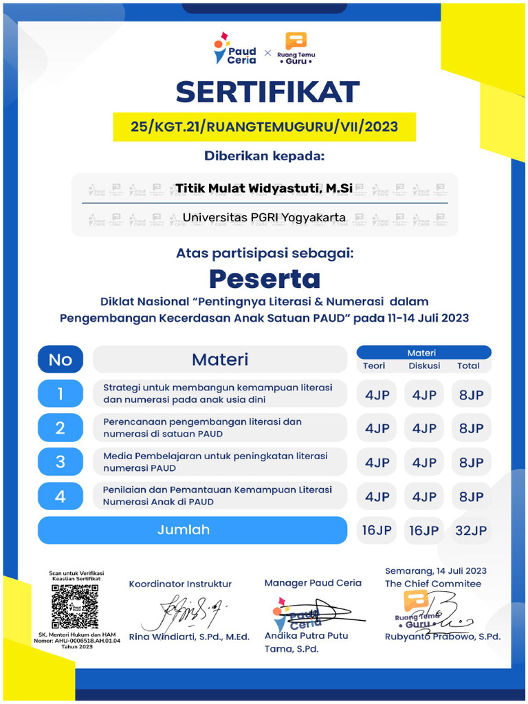 Sertifikat Diklat Ruang Temu Guru Titik Mulat Widyastuti, M.Si ...