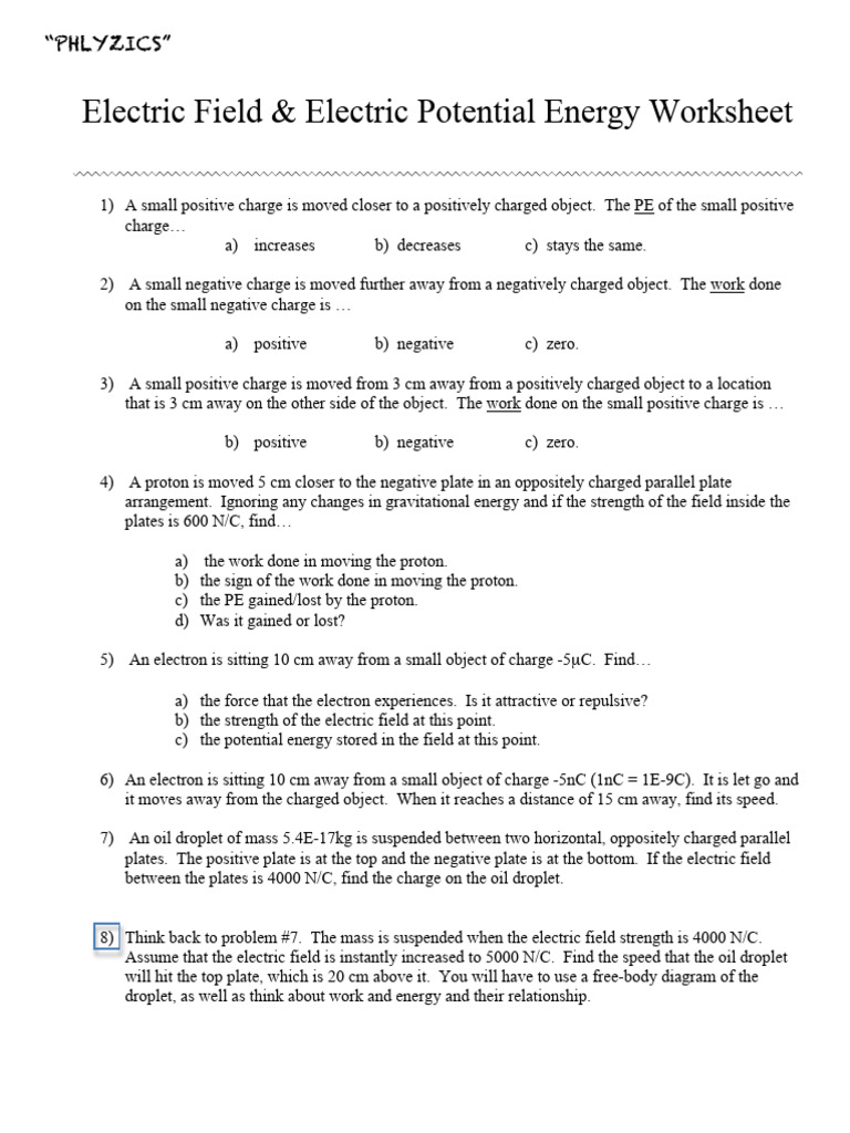D8 Electric Potential Energy Worksheet | PDF | Electric Charge | Electron