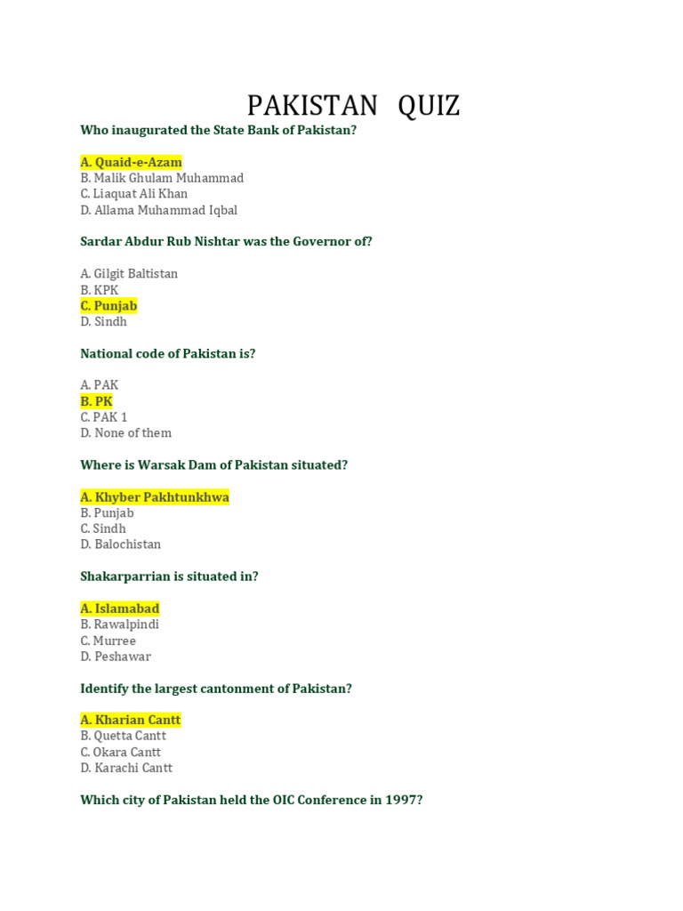 Pakistan Quiz | PDF | Khyber Pakhtunkhwa | Pakistan