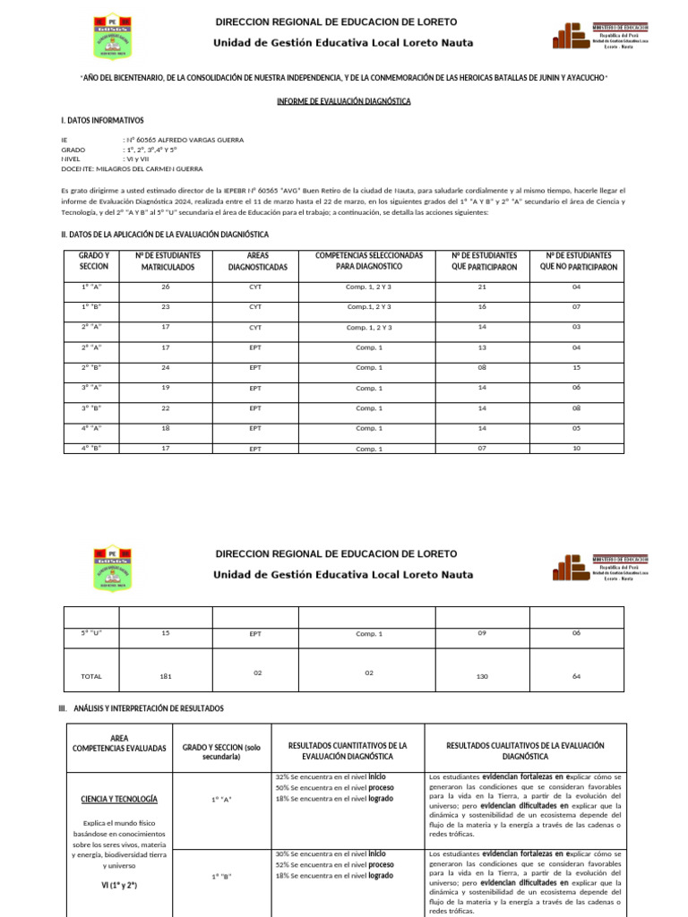Informe de Evaluacion Diagnostica 2024 | PDF | Maestros | Aprendizaje