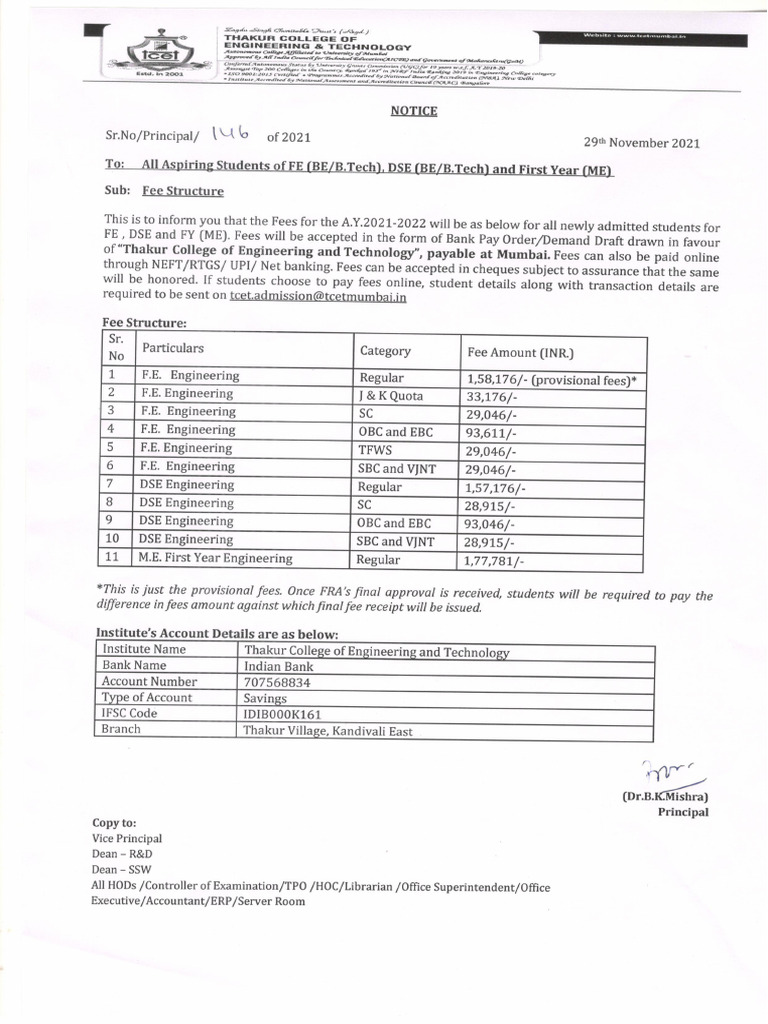 Fee Structure Fe Be, Dse | PDF