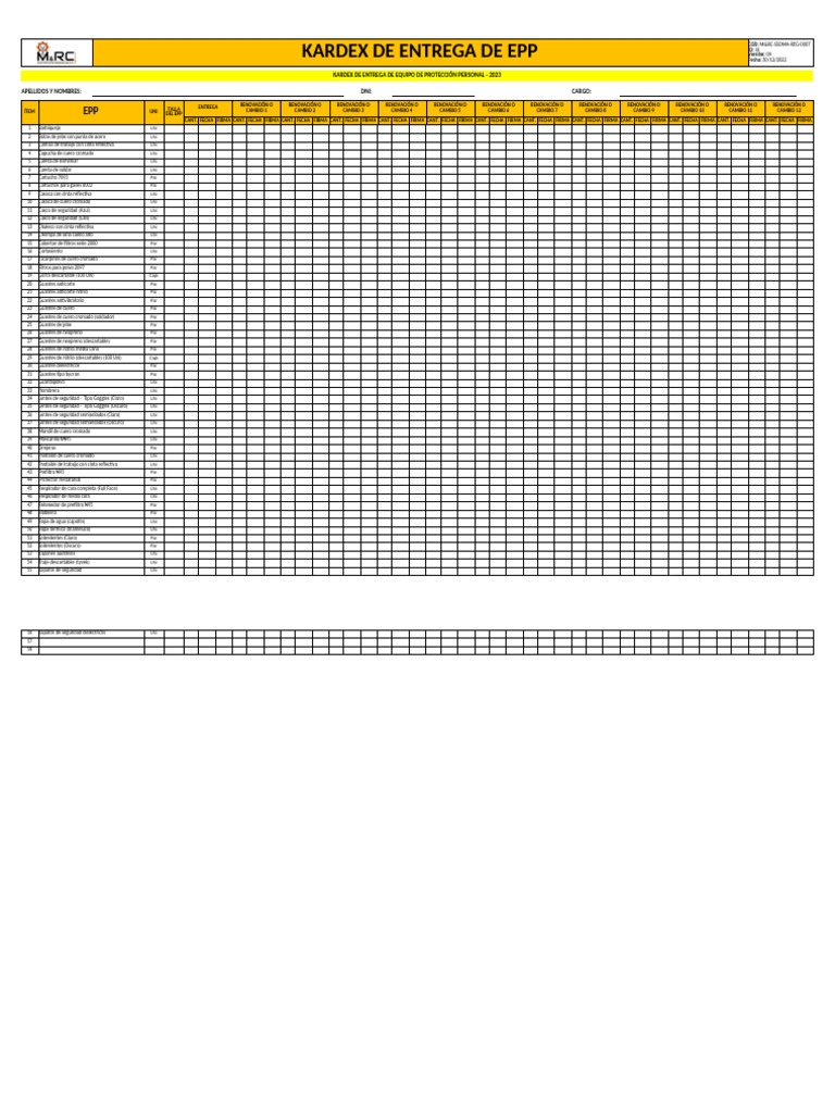 KARDEX-SSOMA-REG-0007 - 4 - Registro de Entrega de EPP - KARDEX 2023 | PDF